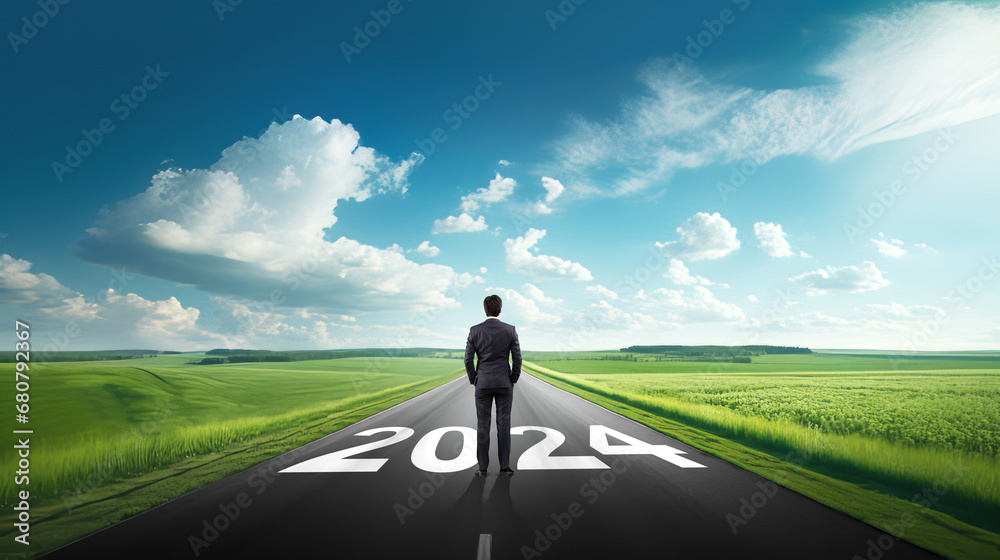 Businessman walking on road with 2024, new life. Ai generative ...