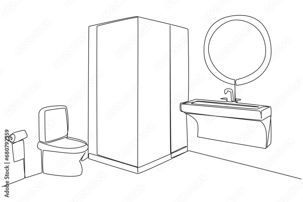 Single continuous line drawing stylish bathroom with full furniture ...