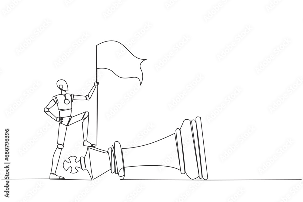 Single continuous line drawing smart robot holding flag, defeat ...