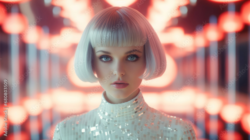 Fashion retro futuristic Young woman in surrealistic 60s-70s disco club ...