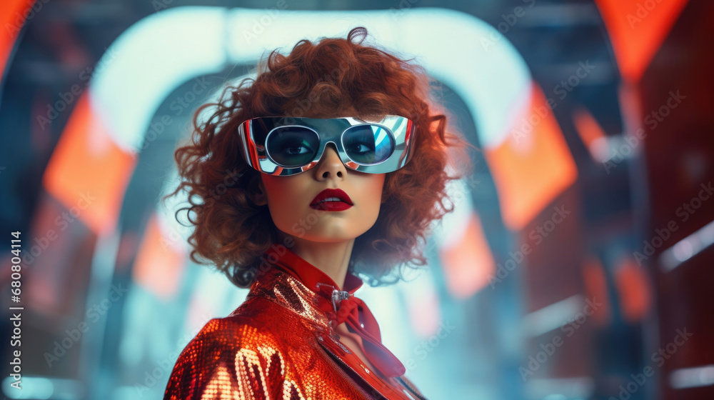 Fashion retro futuristic Teenager in surrealistic 60s-70s disco club ...