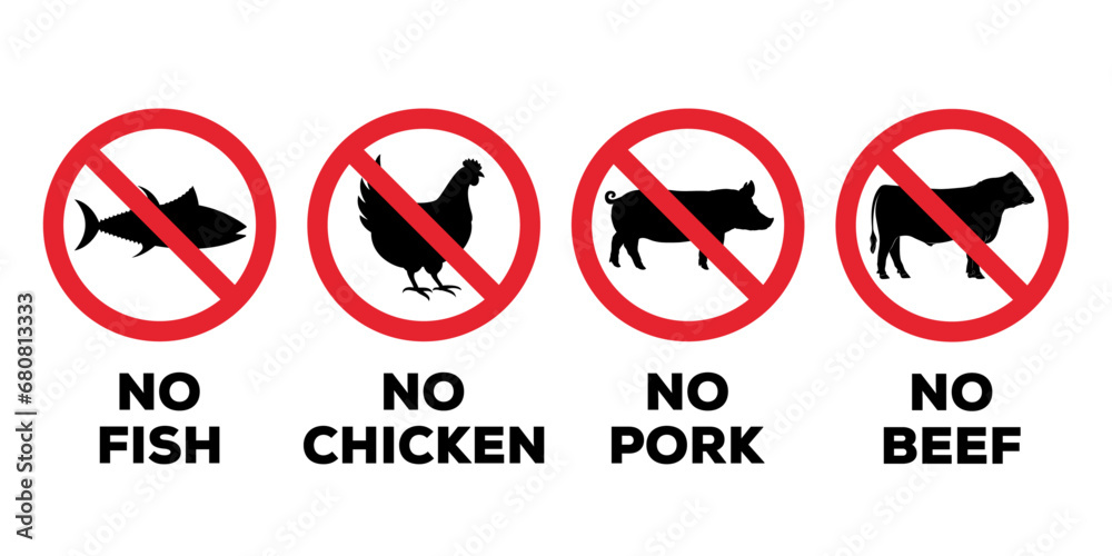 No pork, chicken, beef, and fish signs. Prohibitory signs with crossed ...