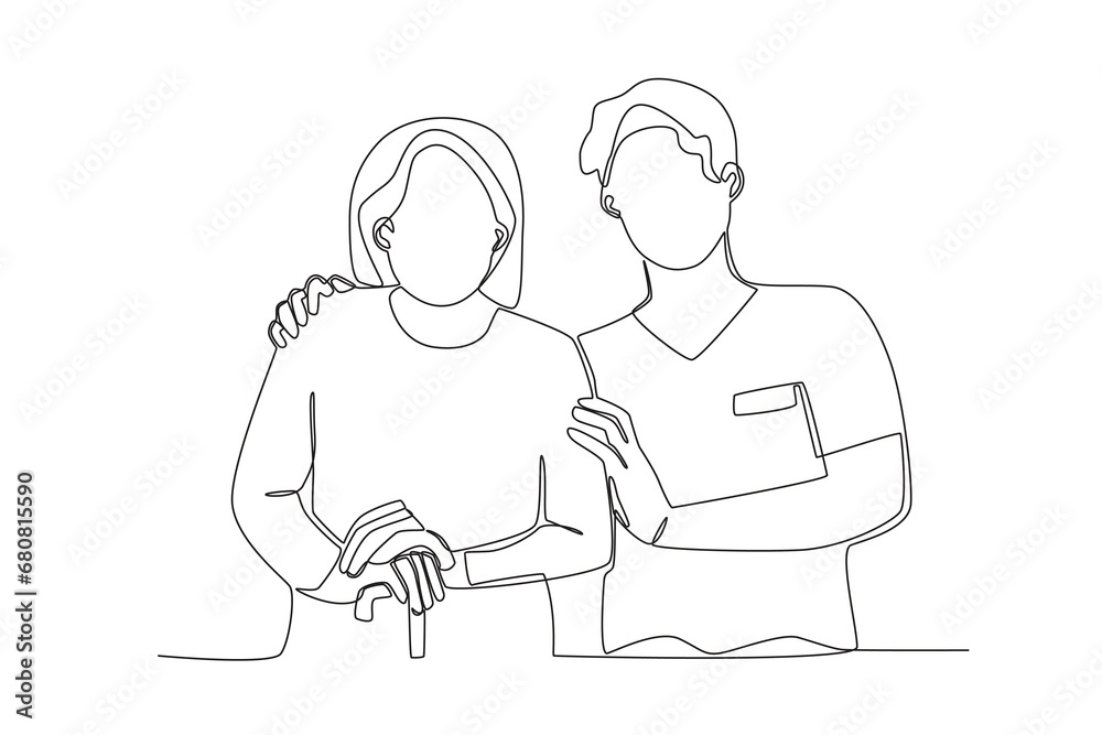 Single continuous line drawing healthcare a male nurse is visiting ...