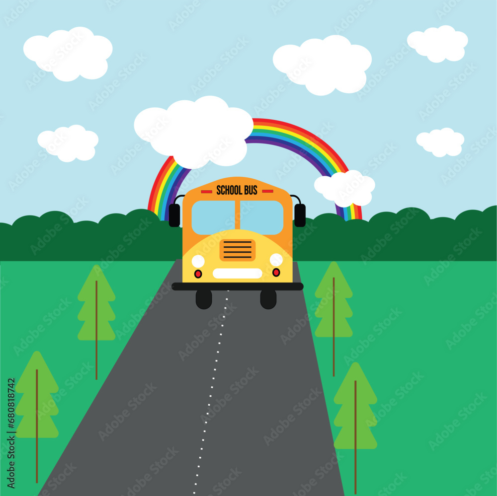 vector school bus on the road with sky and ground background. Stock ...