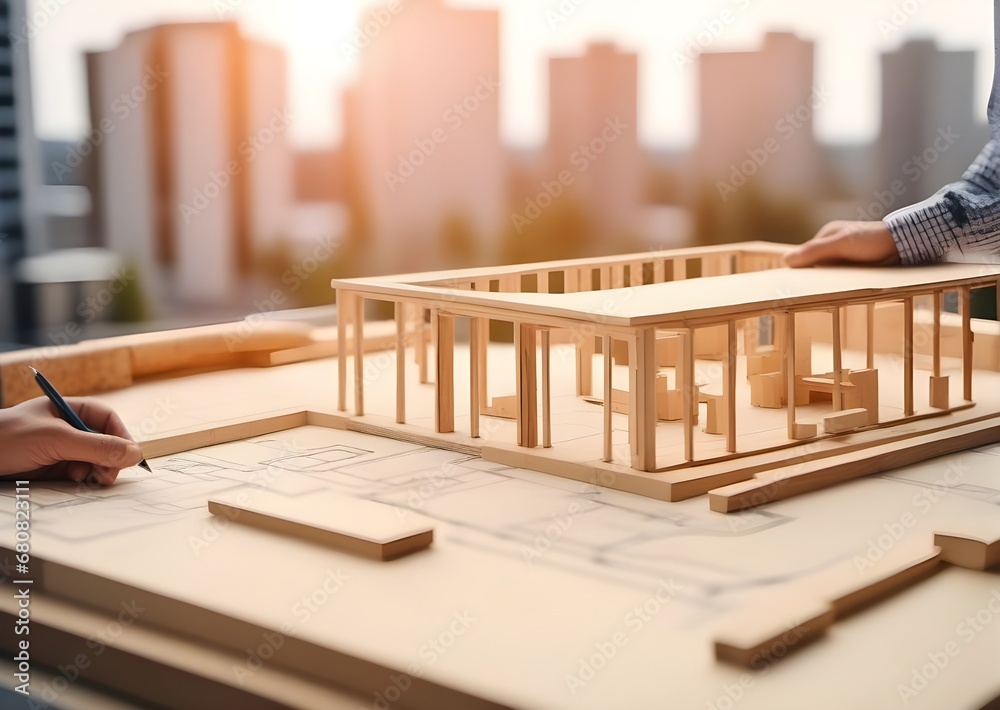 Architect hands write building plan with model house or building on ...