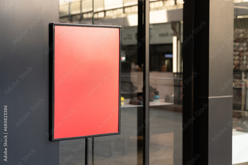 Red blank sign outside store for text or advertisement. Red square ...