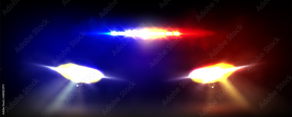 Police car light bar and headlights on black background. Vector ...