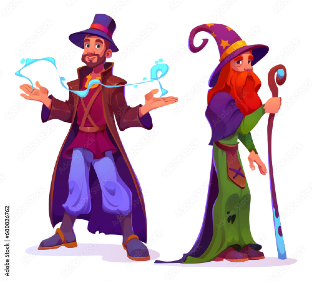Mystical sorcerer with witchcraft powers - cartoon vector set of two male magician characters ...