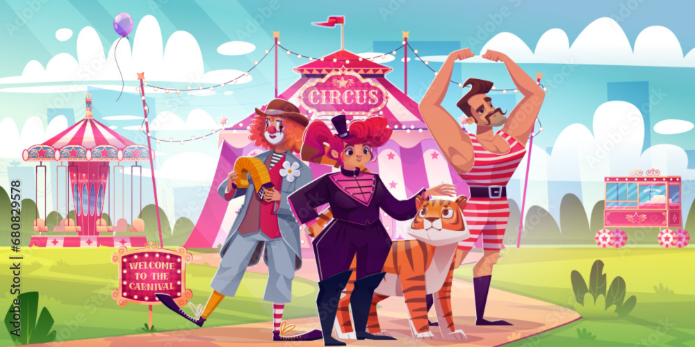 Circus actors in theme park. Vector cartoon illustration of clown in ...
