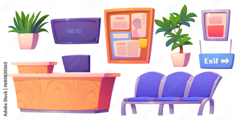 Interior elements of hospital reception - cartoon vector set of ...