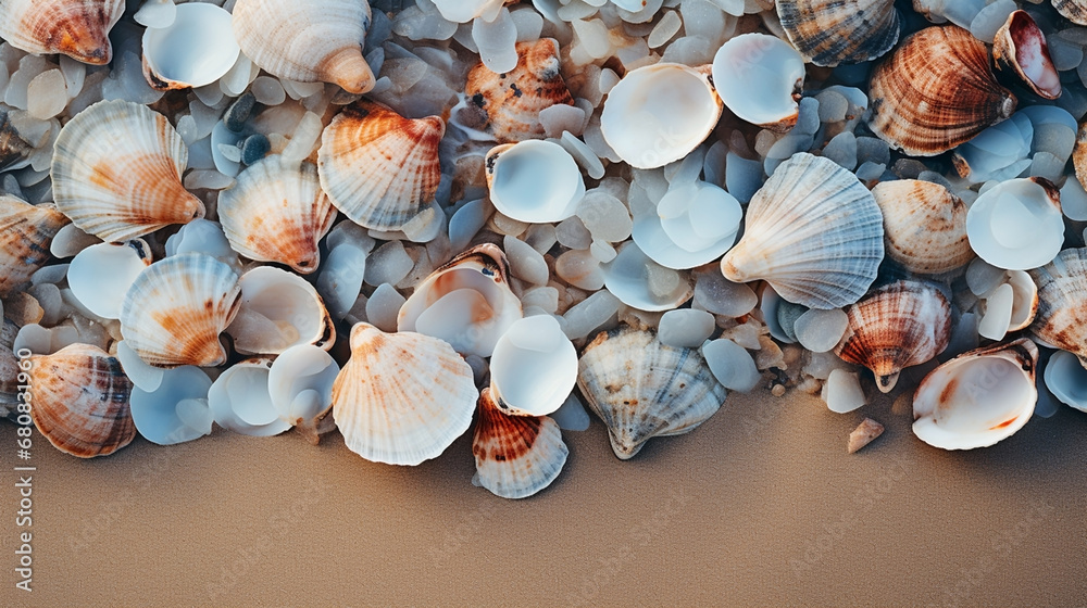 Wide photo of beautiful white and brown color sea shells and pebbles on ...