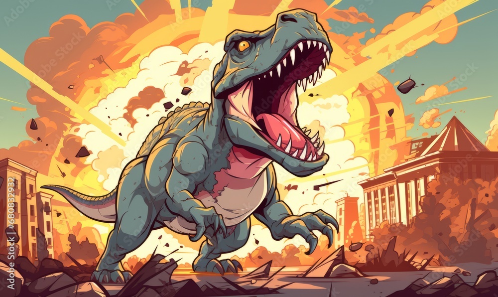 a vibrant and dynamic scene where a colossal dinosaur is rampaging ...