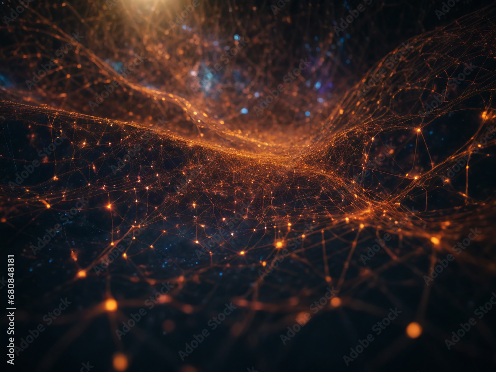 Abstract image of a complex network with interconnected lines and nodes that resemble a cosmic ...