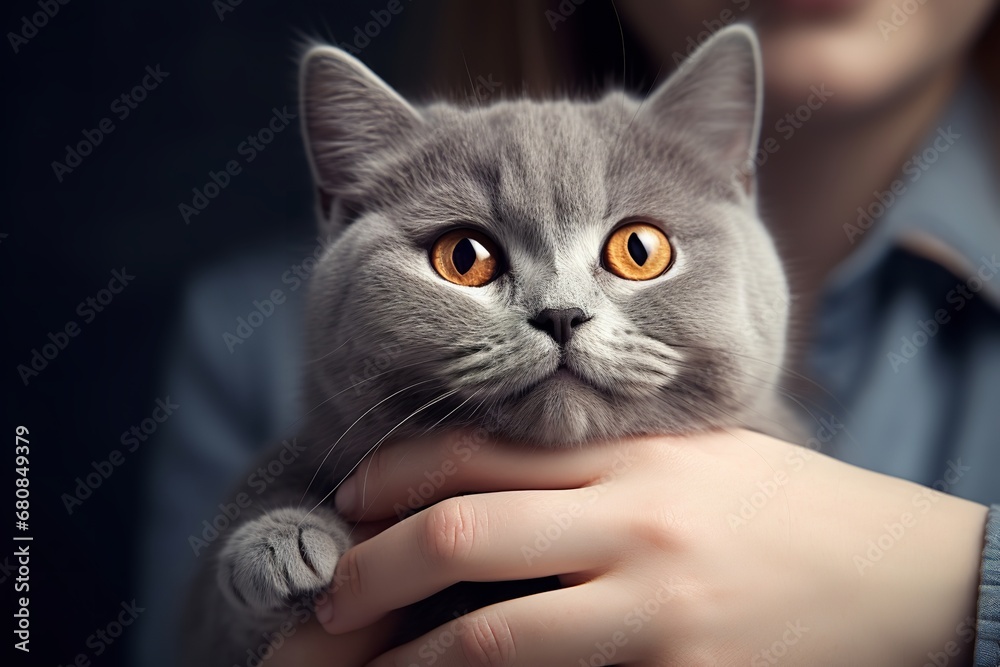 Close-up of a gray cat with yellow eyes holding a catnip mouse in its ...
