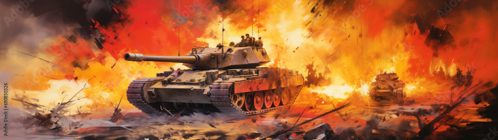 Flames consume destroyed tanks in a haunting watercolor, vivid in fiery ...