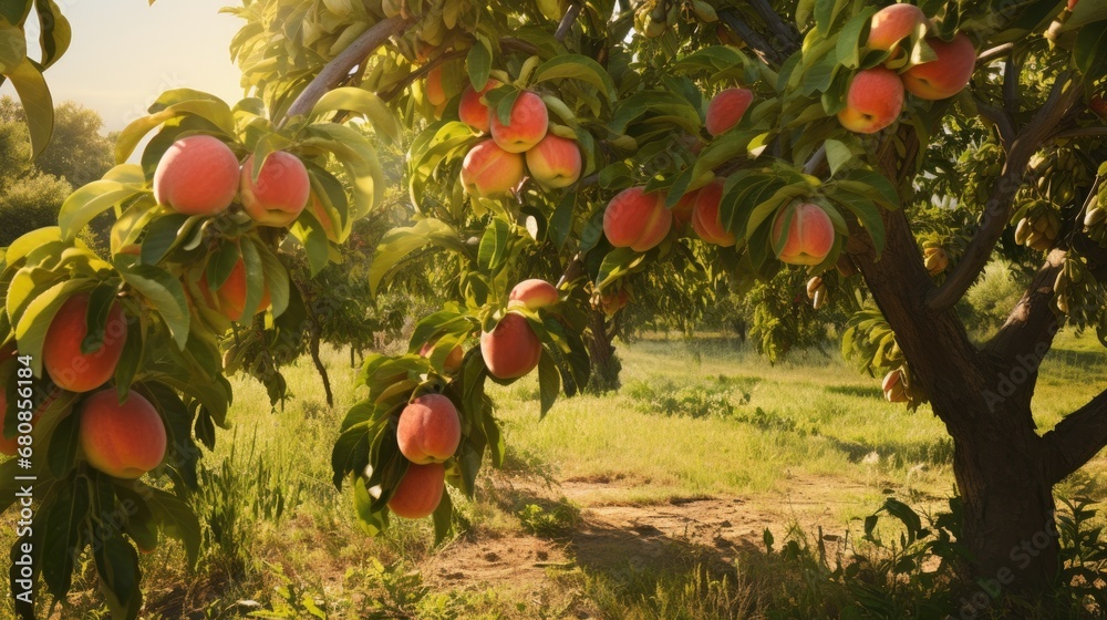 Ripe peaches on the tree in the orchard at sunset. Ai generative Stock ...