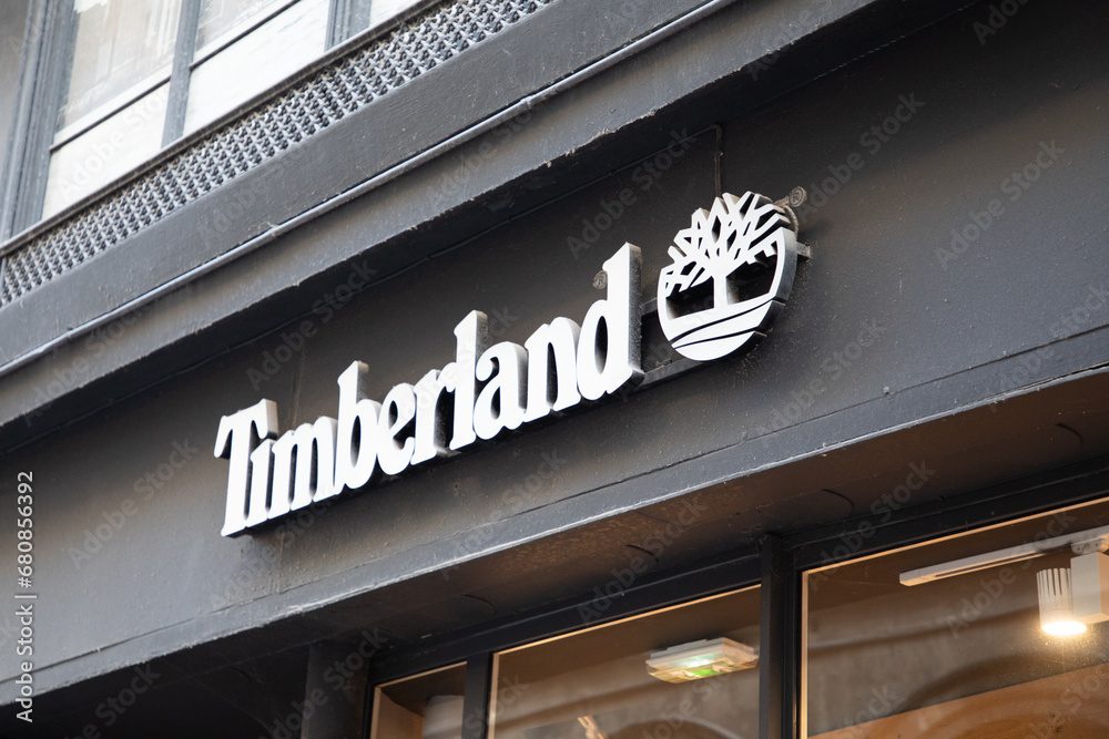 timberland boutique brand logo and sign text shop chain on facade ...