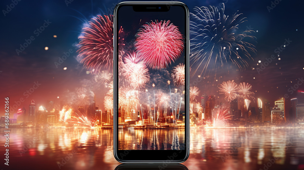 celebration background with fireworks and mobile phone Stock ...