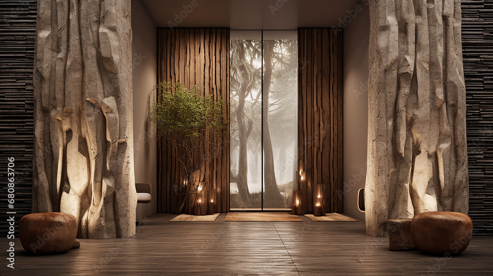 tree trunk columns in rustic interior design of modern house Stock ...