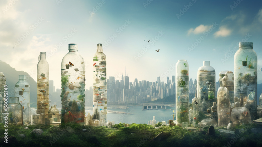 View of big city full with plastic waste, concept of plastic effected ...