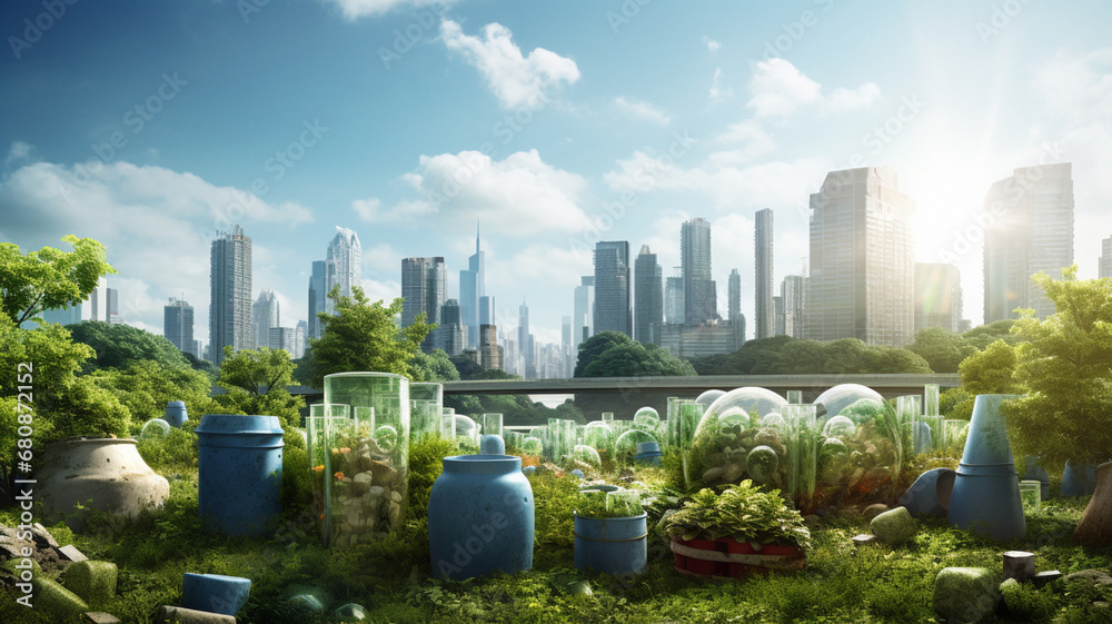 View of big city full with plastic waste, concept of plastic effected ...