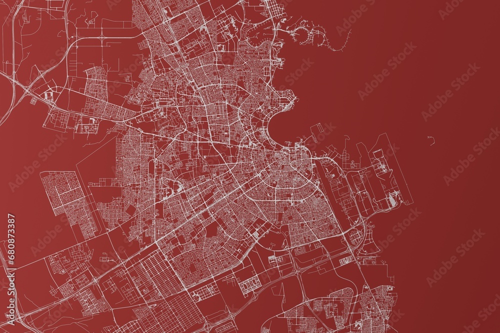 Map of the streets of Doha (Qatar) made with white lines on red ...