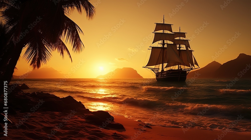 Pirate ship sails from desert island with bright trees in summer sunny ...