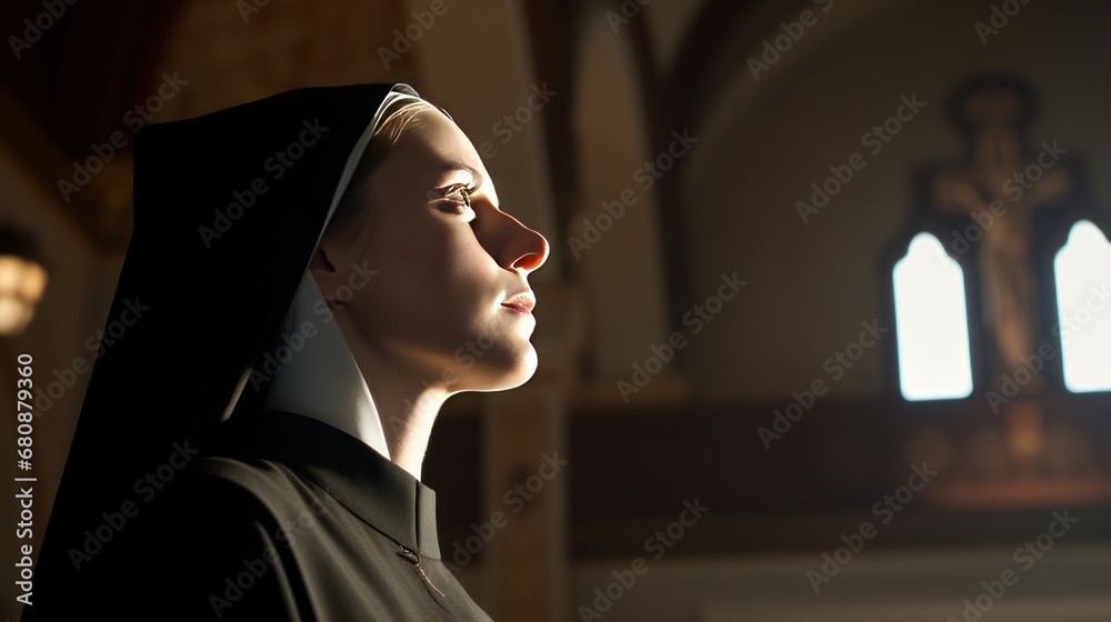 Faithful young Catholic nun praying in catholic church. Close-up photo ...