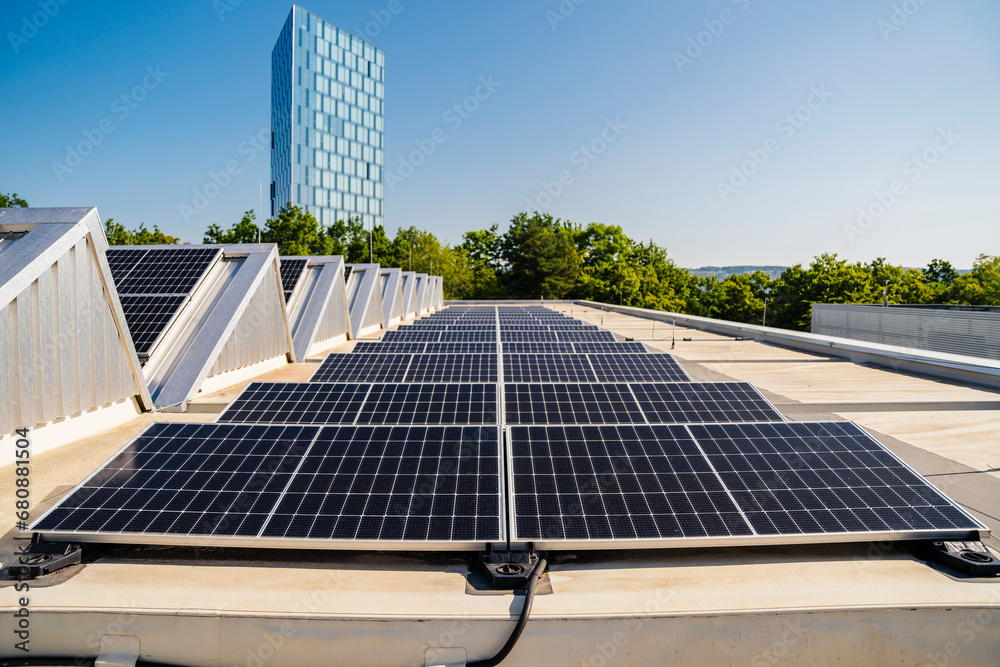 Solar panels installed on a rooftop, generating clean energy under a ...