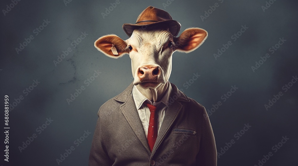 Cow dressed up Concept design of a man with a cow's head in vintage ...