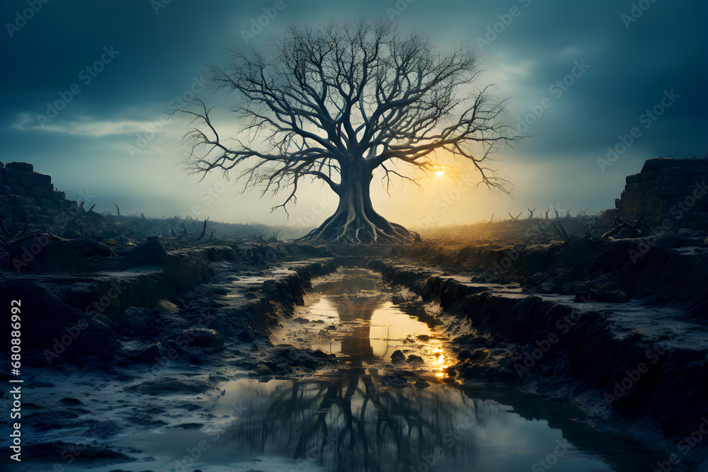 A picture of a dead tree without a single leaf. Standing alone in the ...