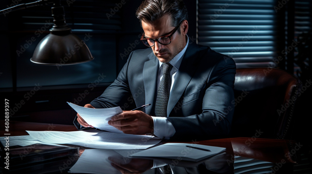Man looking into files sitting in office chair - ai generative Stock ...