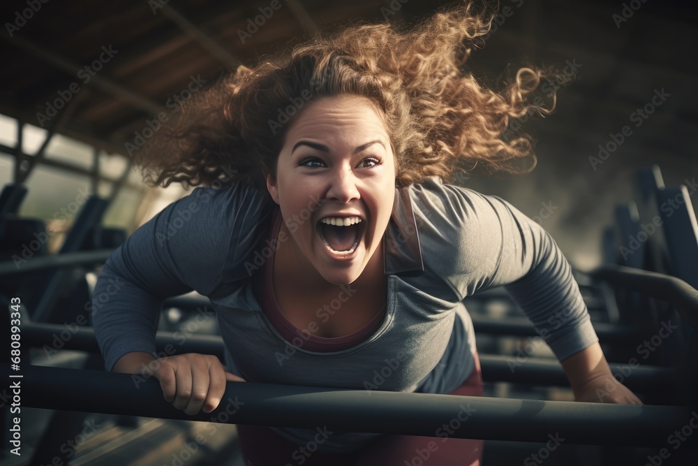 Motivated Fat Woman Engaging In Sports At The Gym. Сoncept Body ...
