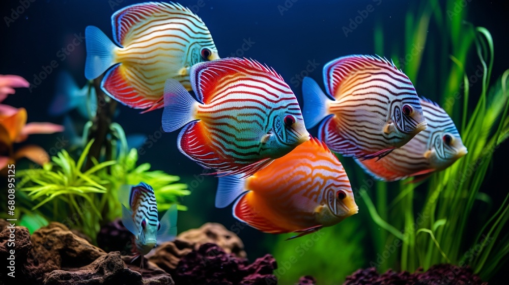 Colorful Discus Fish swimming in a fish tank This is a type of ...