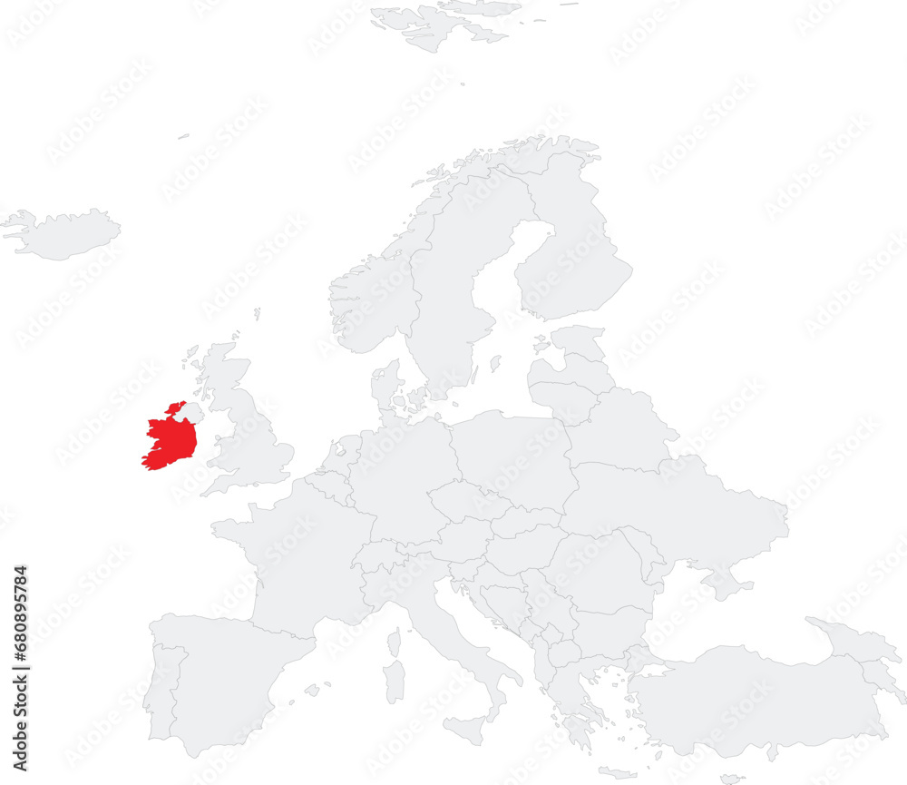 Red CMYK national map of IRELAND inside gray blank political map of ...