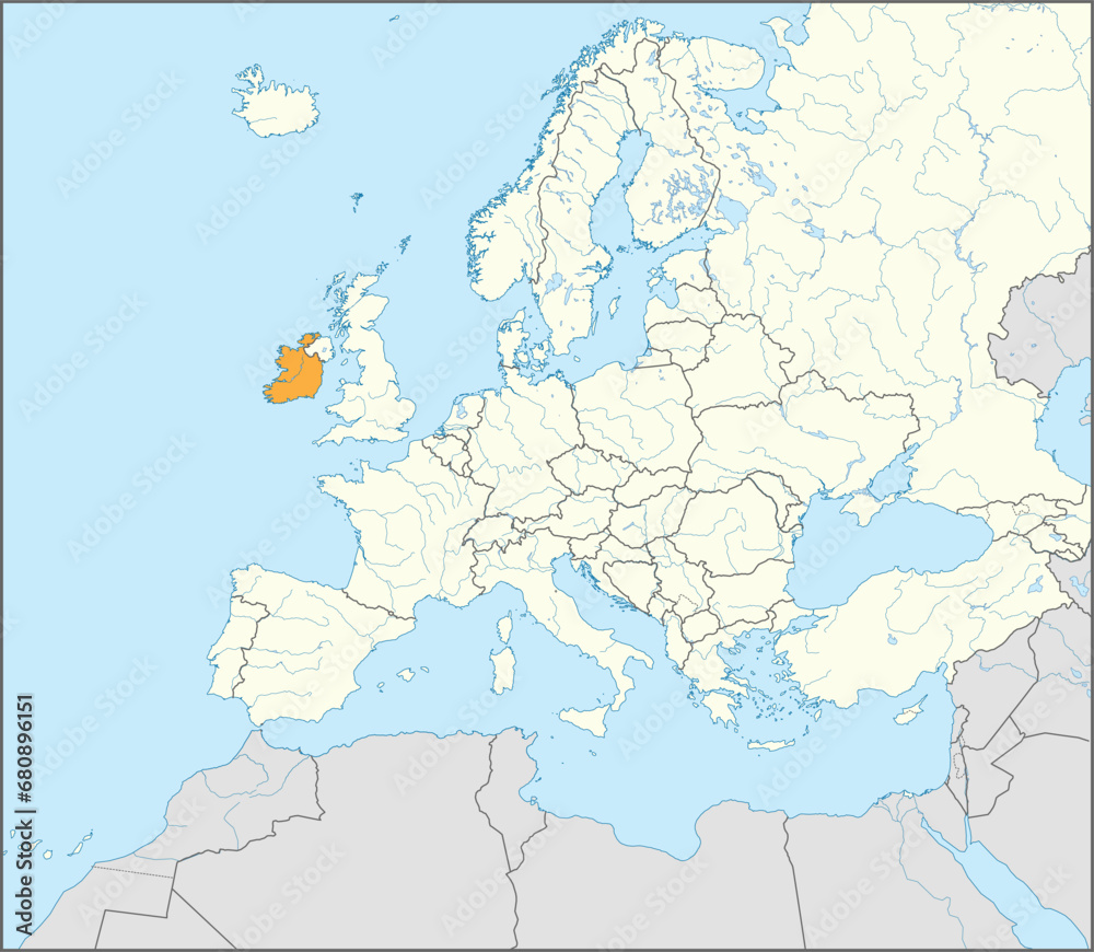 Orange CMYK national map of IRELAND inside detailed beige blank ...