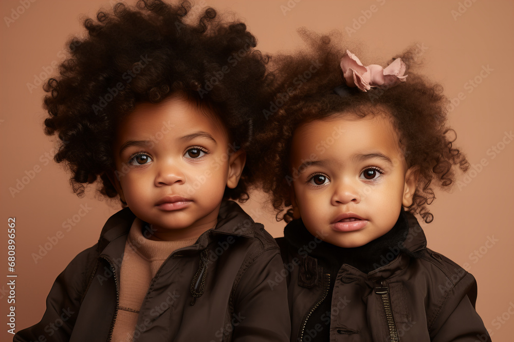 two cute black siblings toddlers portrait on a pastel brown background ...