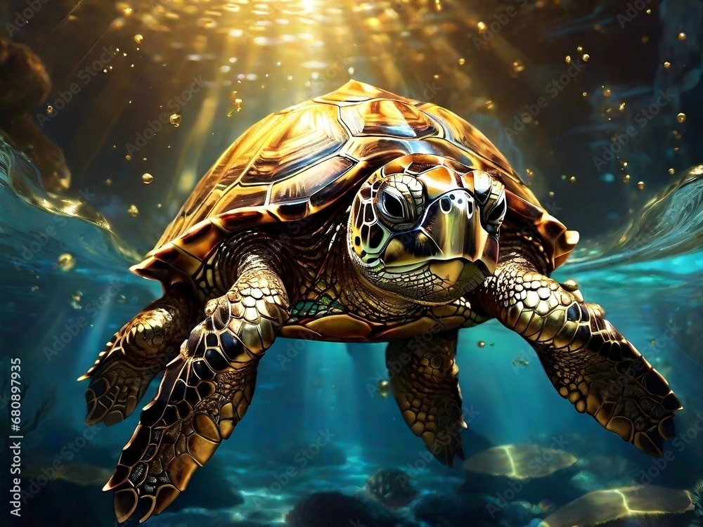 Golden turtle glides in water, a symbol of serenity. Explore nature's ...