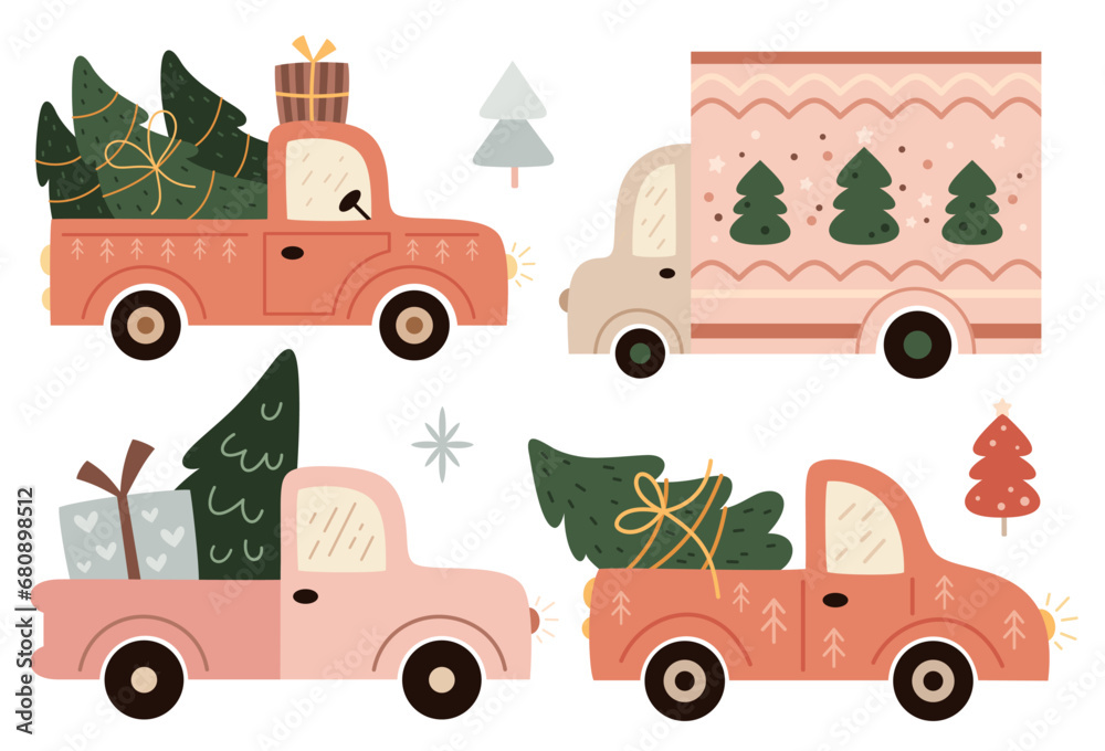 Pink Christmas cars clipart. Retro Christmas tree truck clipart in ...