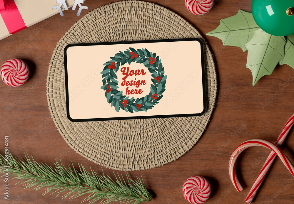 Christmas Table Scene with a Tablet Mockup Stock Template | Adobe Stock