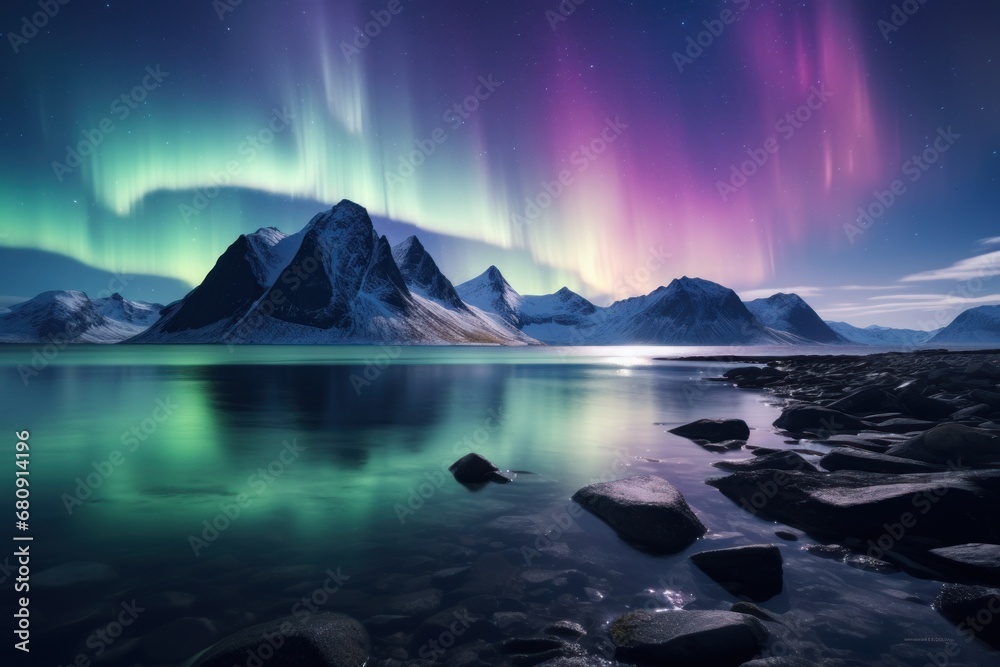 photograph of Aurora borealis, pink and purple, (northern lights) over ...