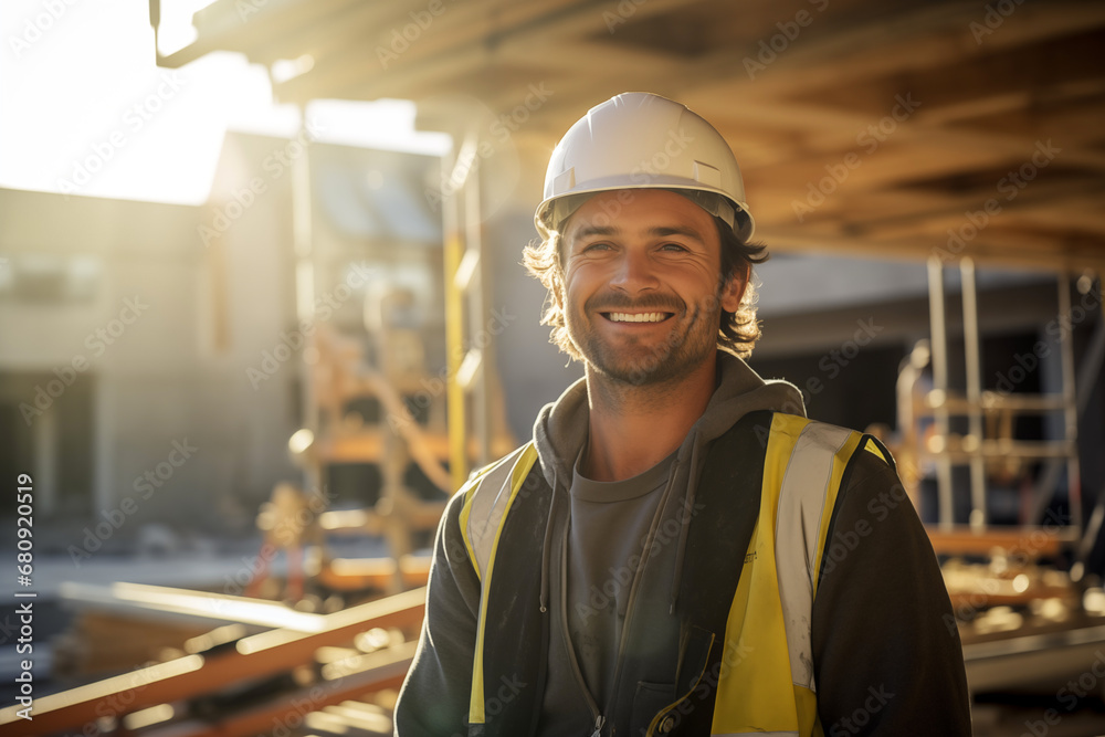 Smiling men bricklayer in work clothes on a construction site. Mason at ...