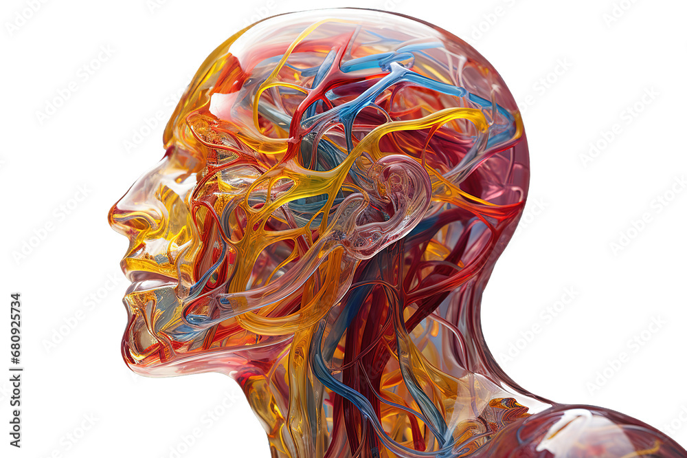 Transparent human head with colorful outlined polygon-styled brain ...