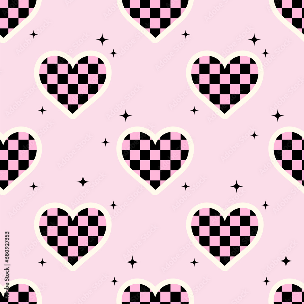 Seamless vector pattern with y2k checkered hearts and stars. Pink emo ...