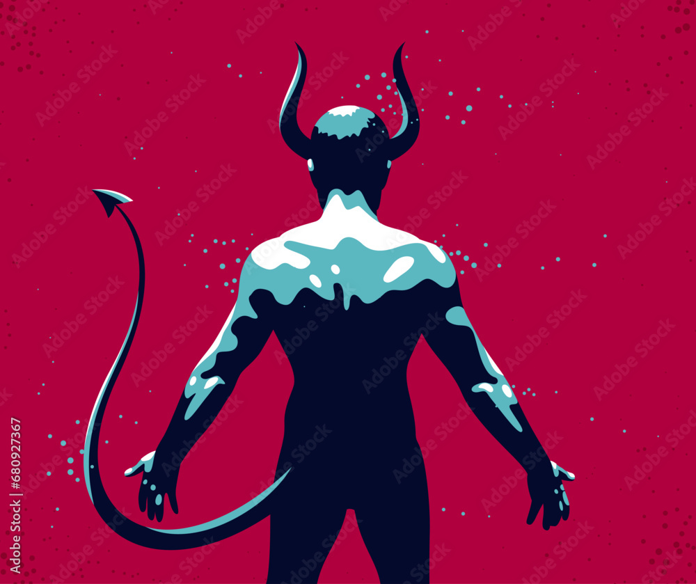 Devil muscular strong man with horns and tail from back view vector ...