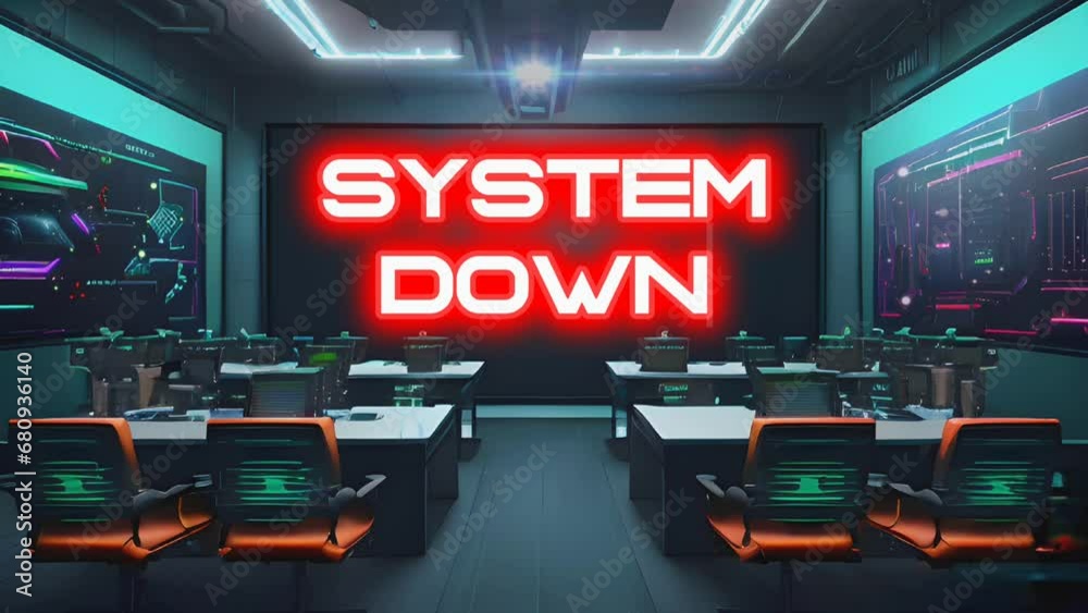 "SYSTEM DOWN" Text motion in big screen with modern administration room ...