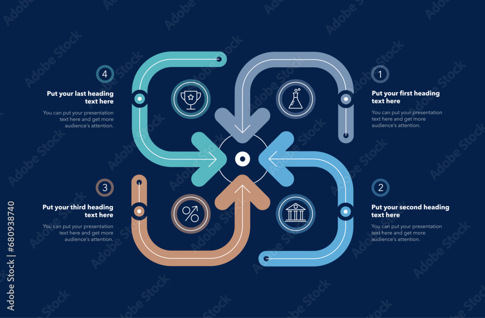 Infographic process template with four steps - dark version. SImple ...