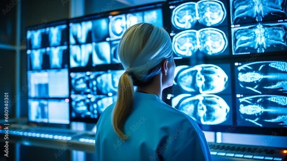 Female neurosurgeon analyzing computer tomography of the brain on a ...