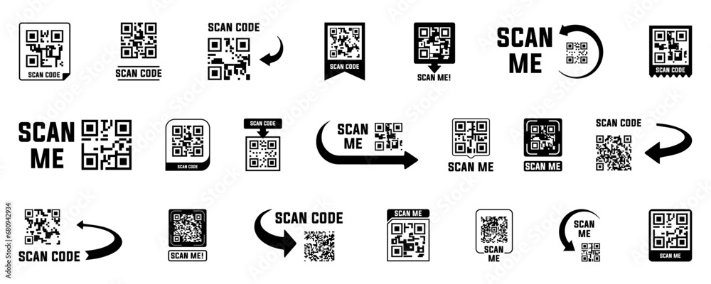 Qr code icon collection in black. Scan me code template. Digital ...