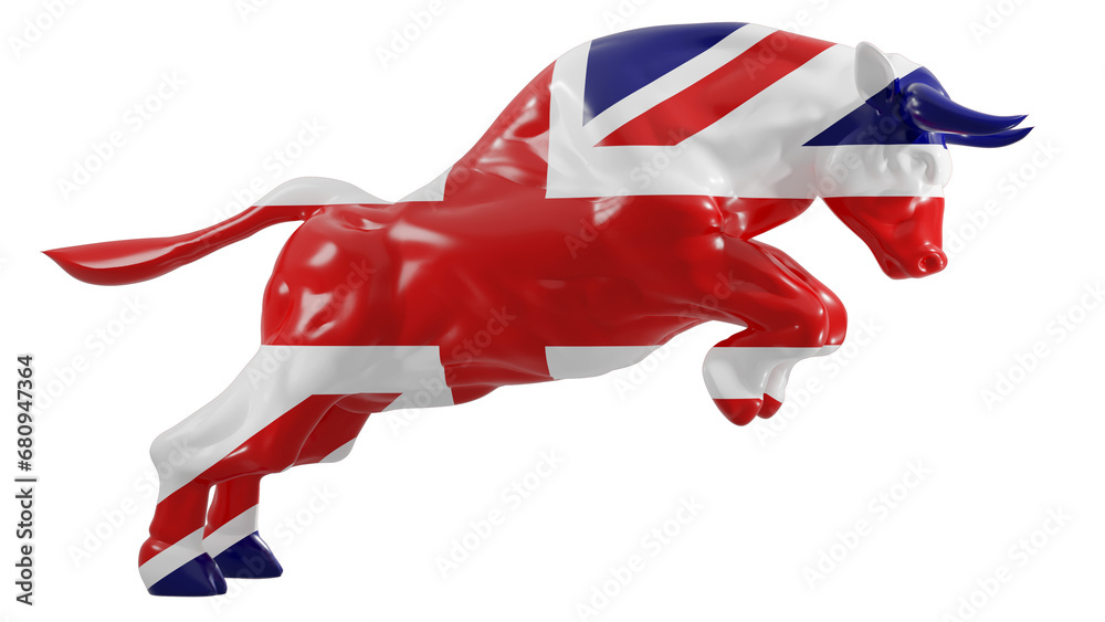 A charging bull with United Kingdom flag on transparent background ...